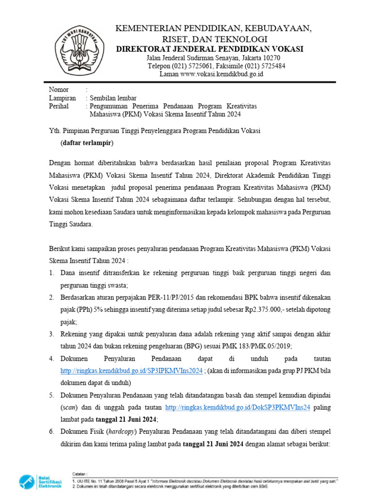 1123 - Pengumuman Pendanaan PKM Vokasi Skema Insentif 2024 | PDF