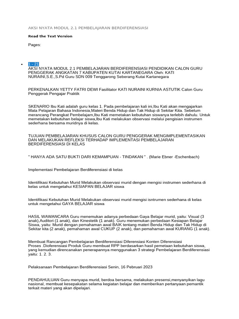 Aksi Nyata Modul Ppa Kelas 1 PPG 2024 | PDF