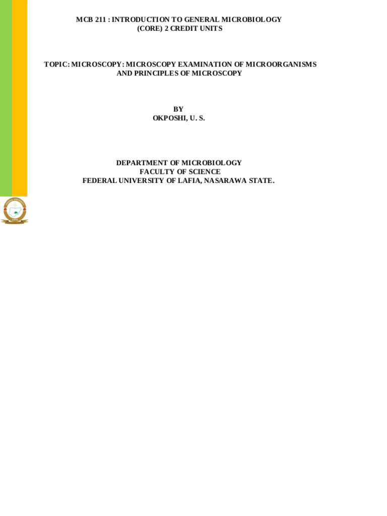 MCB 211 Module 2 Unit 1 - Micros | PDF | Microscope | Laboratory Techniques