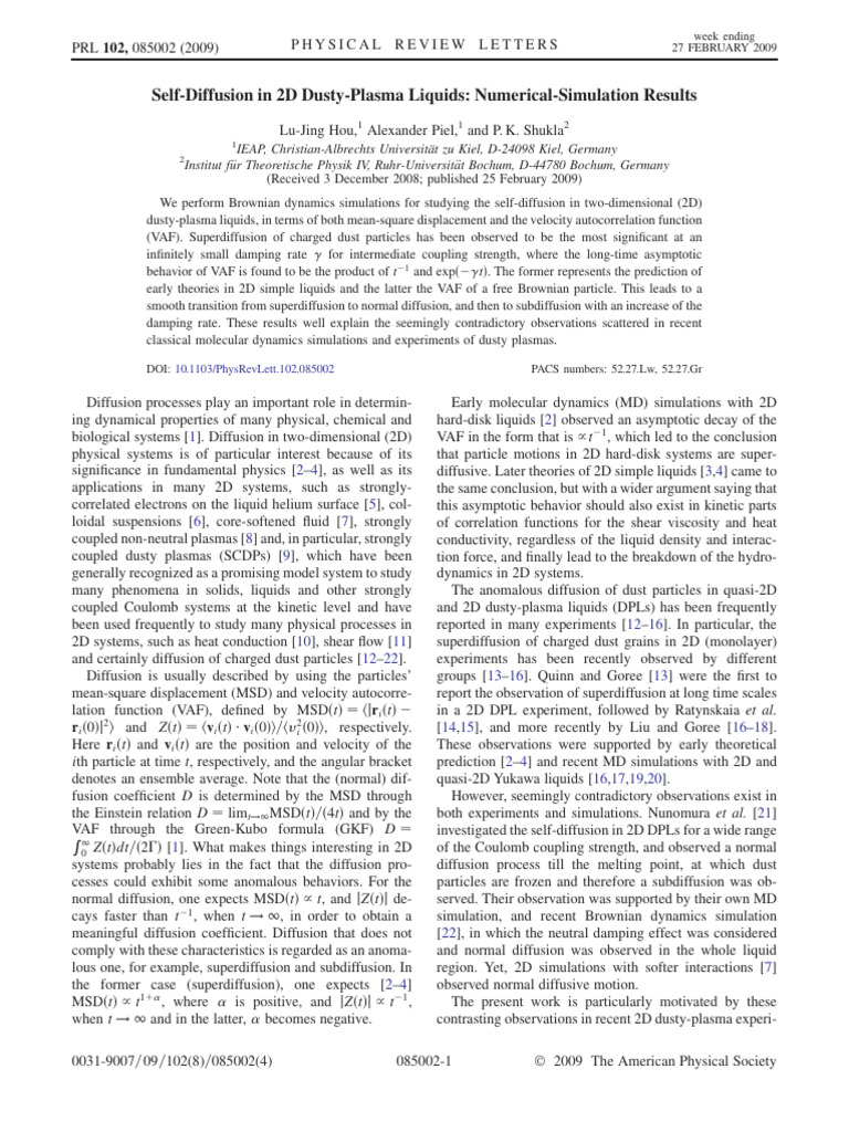 Self-Diffusion in 2D Dusty-Plasma Liquids | PDF | Brownian Motion ...