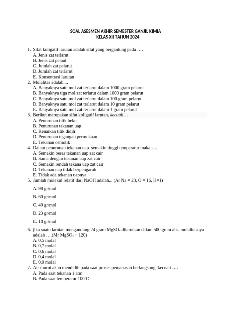 Soal Kimia Eva Kelas Xii | PDF