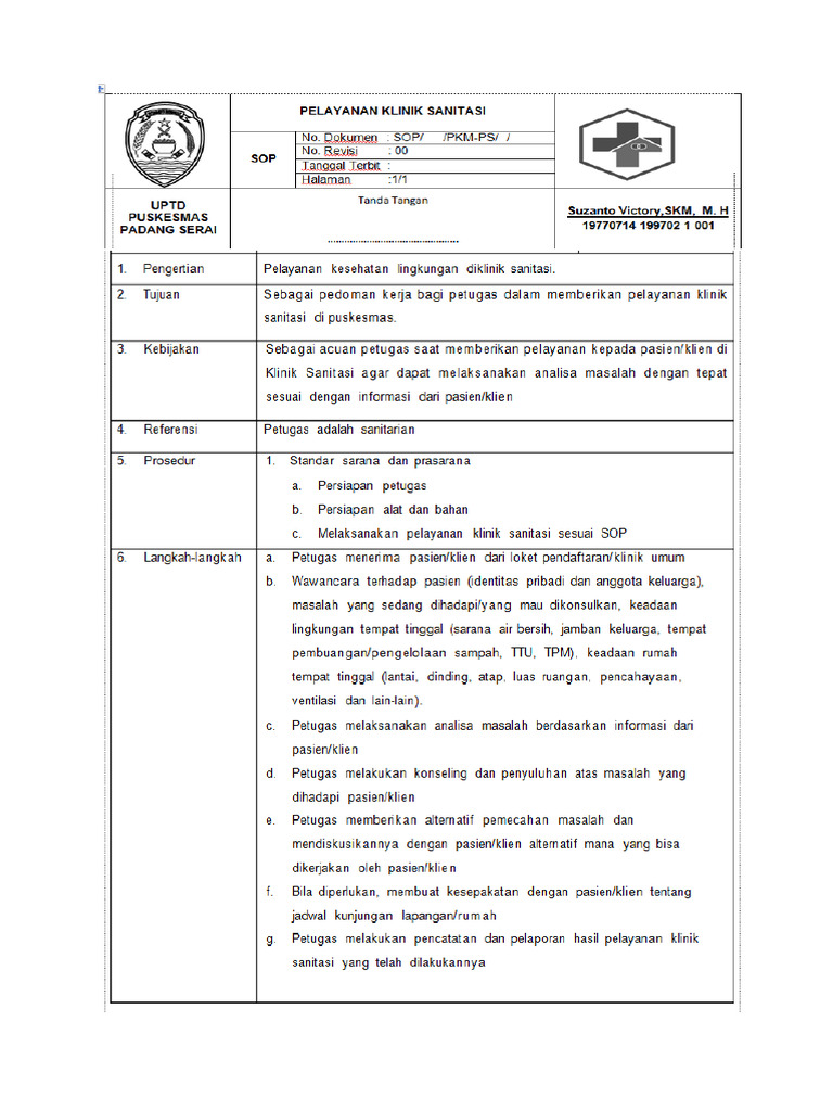 Sop Pelayanan Klinik Sanitasi | PDF