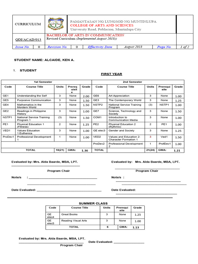 Grade Checklist for Communication Program | PDF