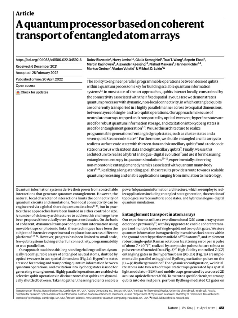 A Quantum Processor Based On Coherent Transport of Entangled Atom Arrays | PDF | Quantum ...