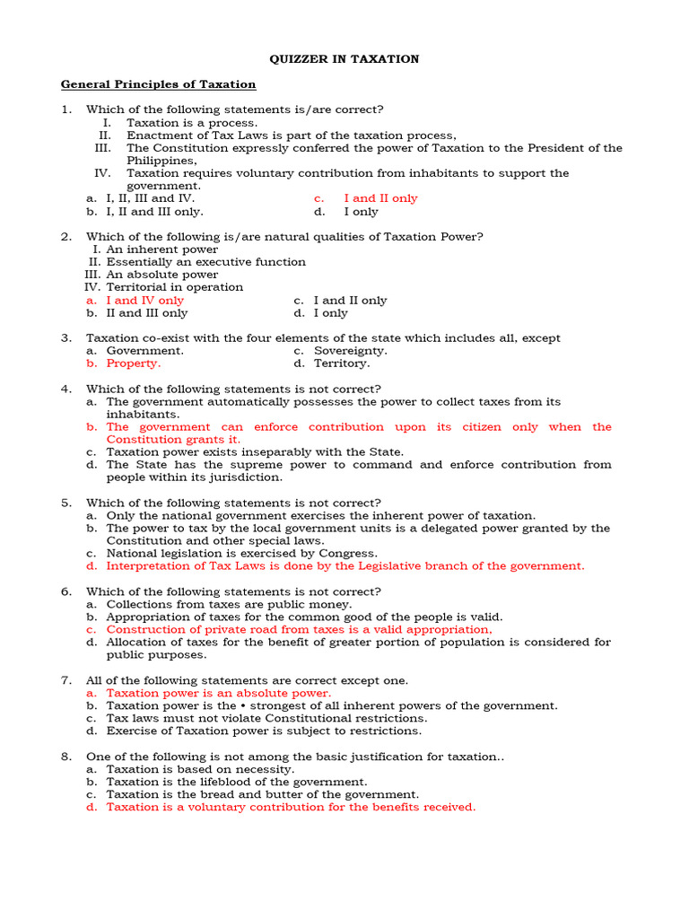 Taxation Principles Quiz and Review | PDF | Taxes | Double Taxation
