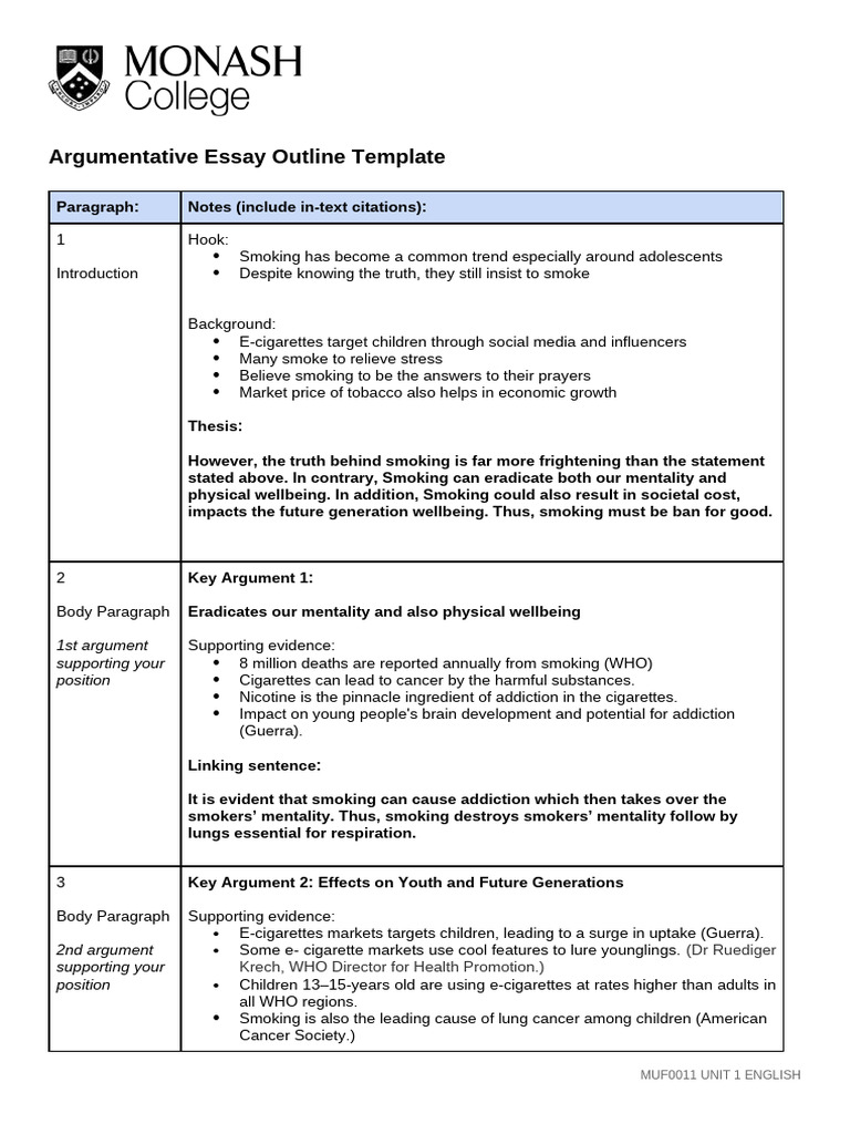 Argumentative Essay Outline Template | PDF | Tobacco Smoking | Addiction