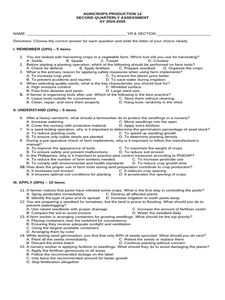 TQ - Q2 - Agricrops Production 12 | PDF | Seed | Plant Nursery