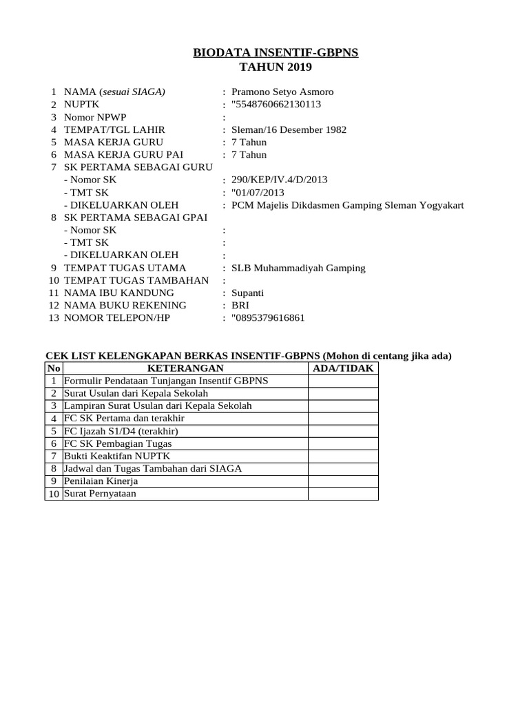 Biodata Insentif Guru 2019 | PDF