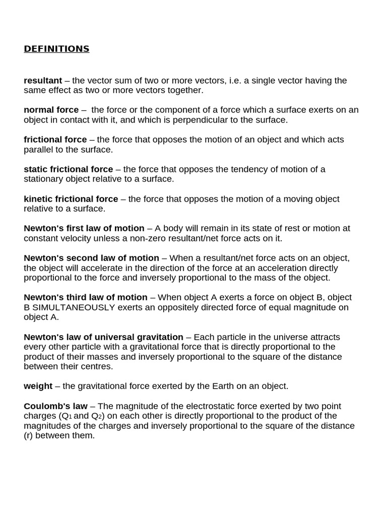 Definitions Physics Grade 11 | PDF | Force | Chemical Bond