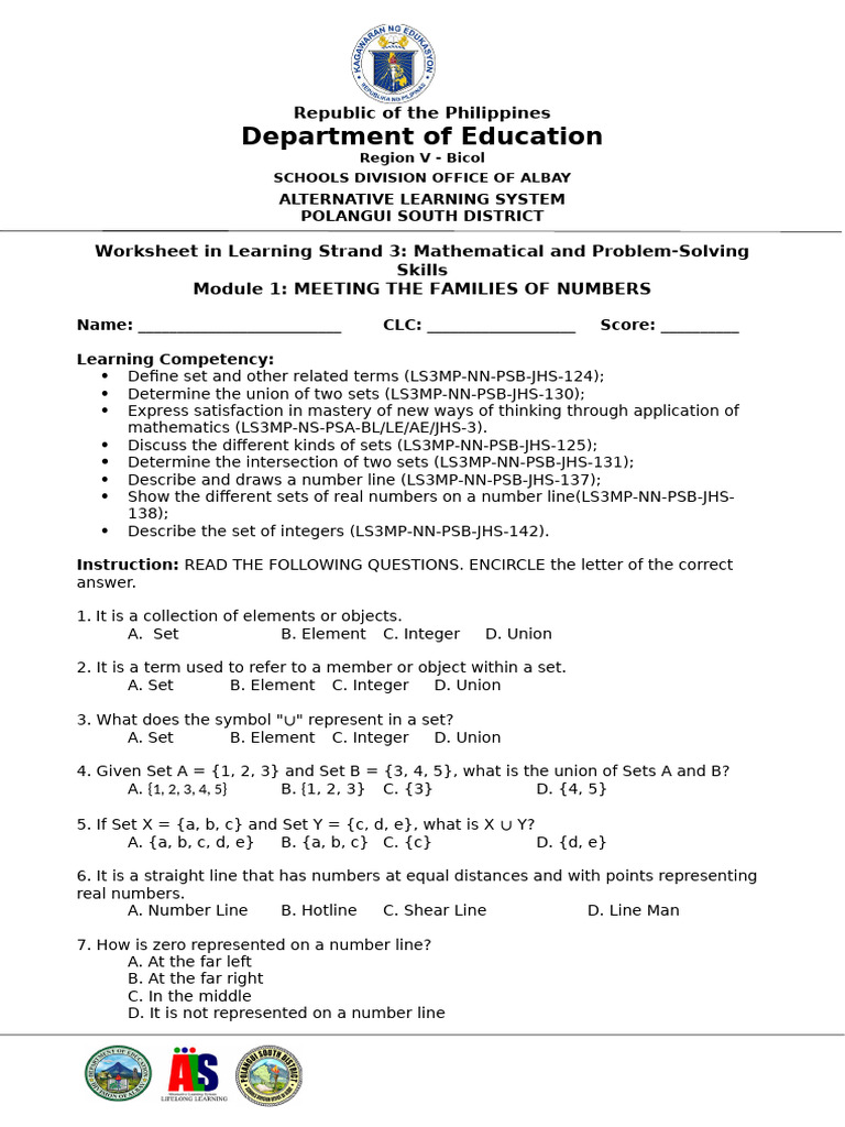 LS3 - JHSWORKSHEETS M1 7 With Anskey | PDF | Set (Mathematics) | Polynomial