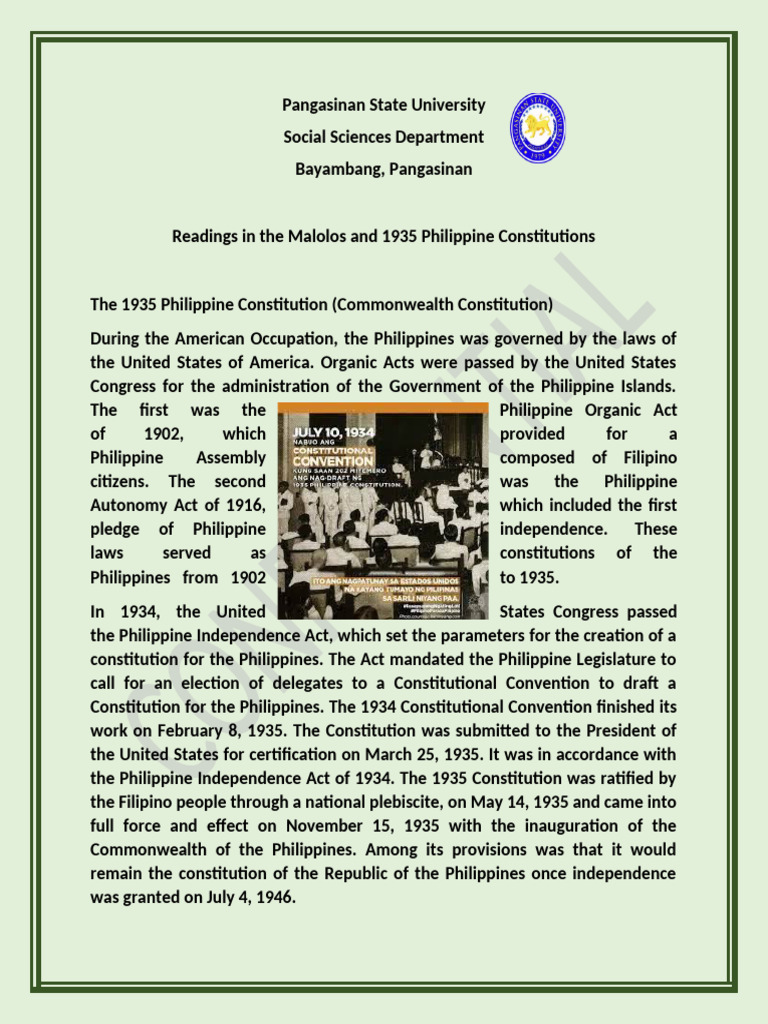 Malolos and 1935 Constitutions | PDF | Justice | Crime & Violence