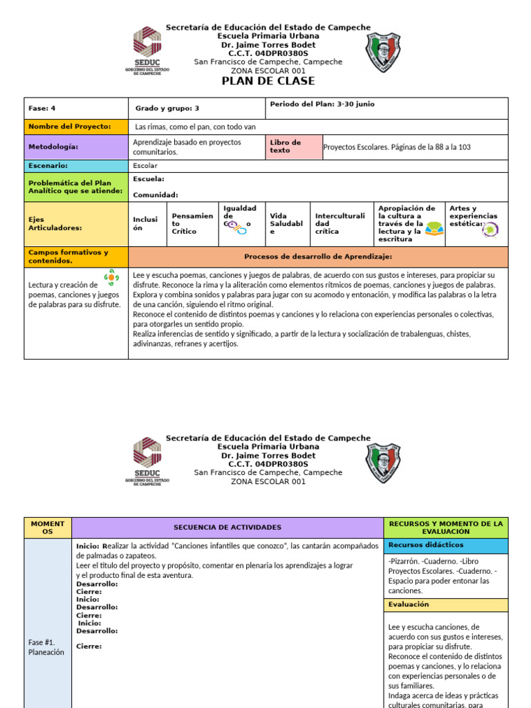Plan de Clase: Rimas y Juegos de Palabras | PDF | Educación primaria | Escuelas