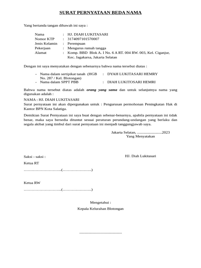 Surat Pernyataan Beda Nama | PDF