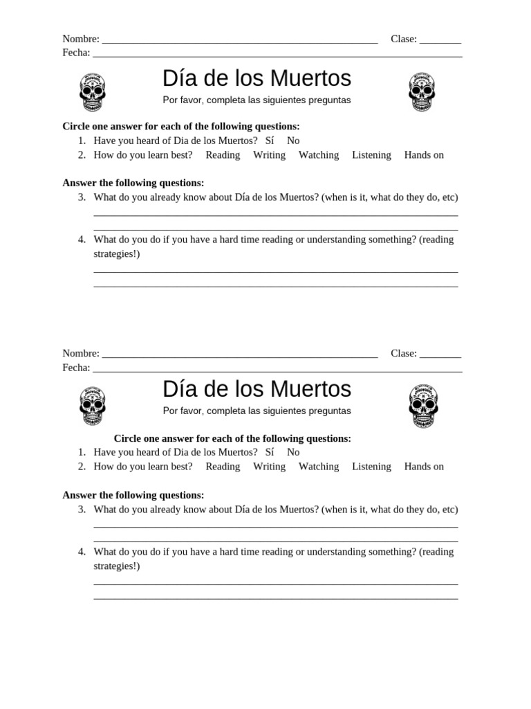 Dia de Los Muertos Pre-Assessment | PDF | October Observances ...