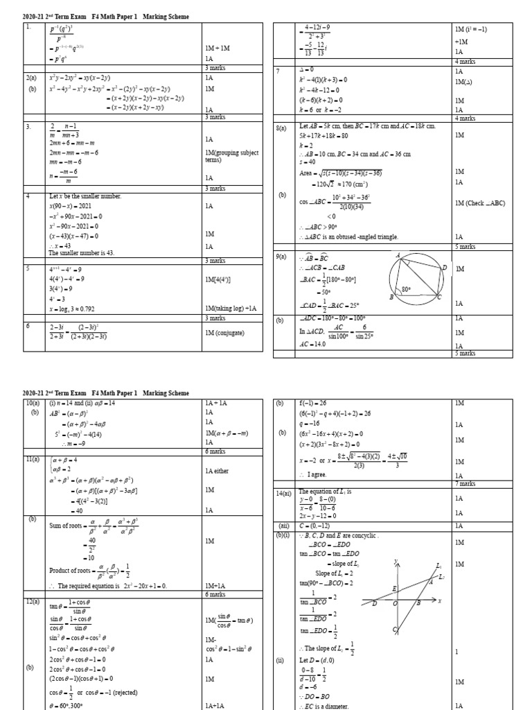 Root Sy-Pastpaper Bin Files 2020 F4 MATHS EXAM2 PAPER1 ANSWER KEY | PDF ...