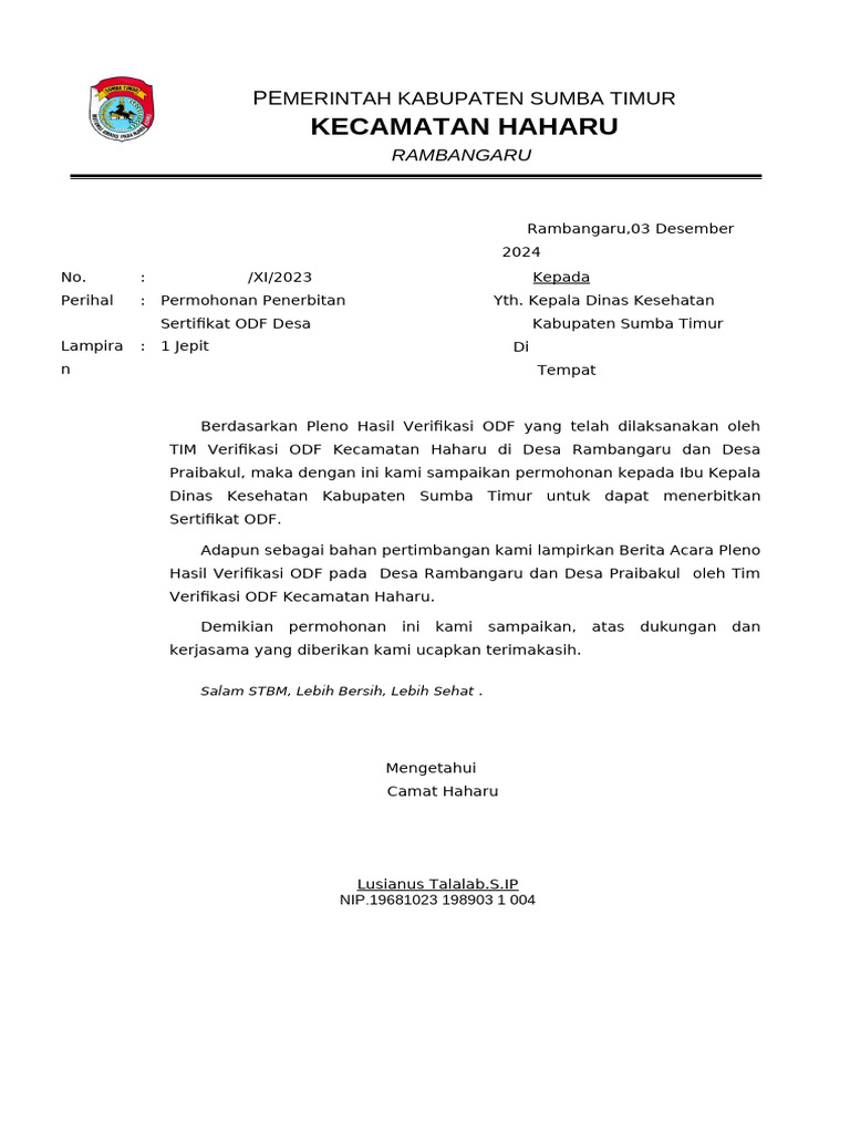 Surat Permohonan Penerbitan Sertifikat ODF | PDF