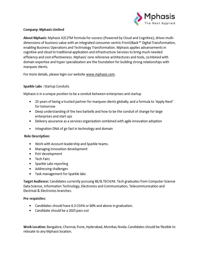 Mphasis Sparkle Labs JD | PDF