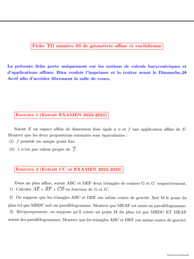 Énoncé+ Correction TDs Numéro 03 Géométrie Affine Promo7 (U.M.R) | PDF