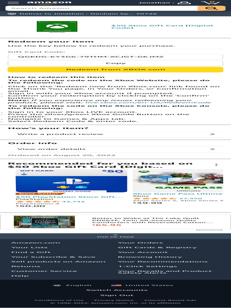 Your Orders $50 Xbox Gift Card (Digital Code) | PDF | Xbox (Console) | Xbox