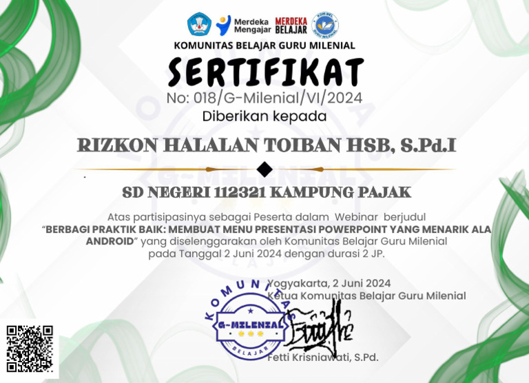 RIZKON HALALAN TOIBAN HSB, S.Pd.I Sertifikat Menu PPT Ala Android | PDF