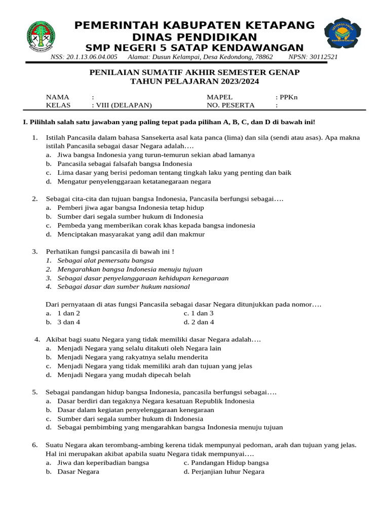 SOAL PAS PPKN KELAS 8 (DES 2024) | PDF