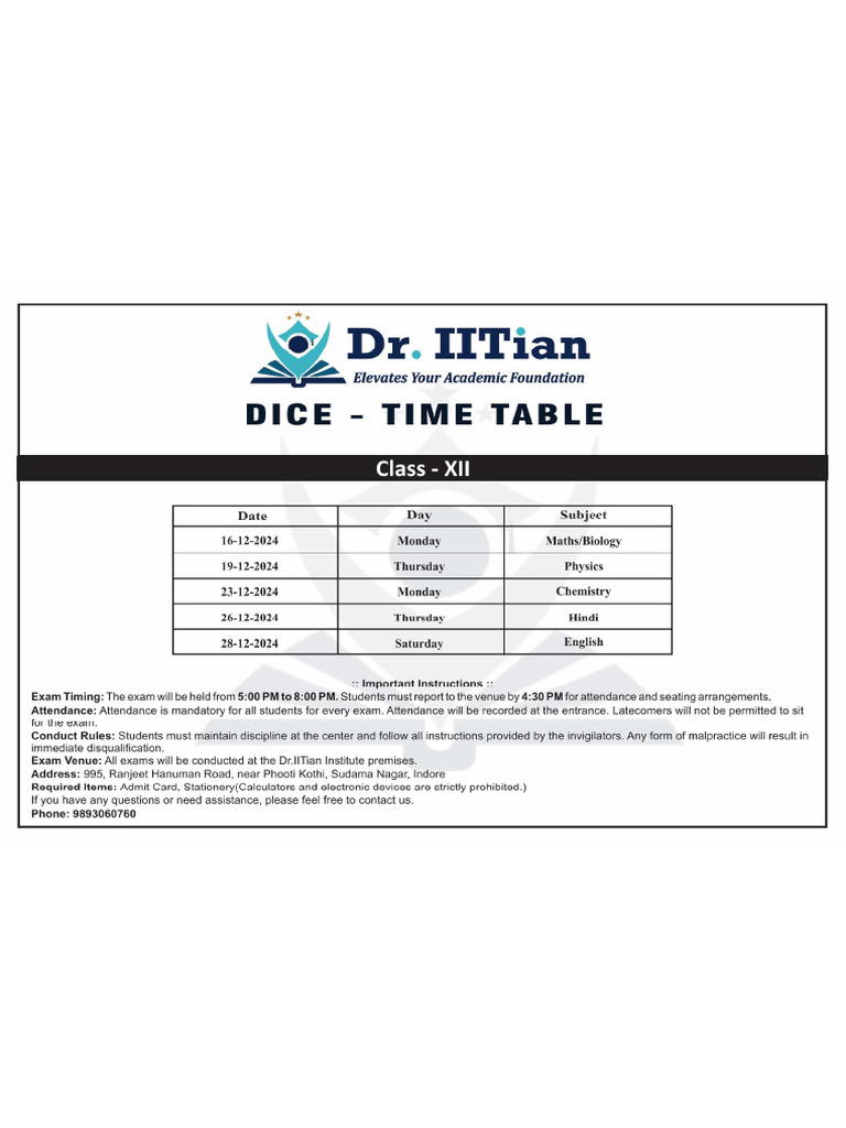 Time Table DICE Class XII Only For Broadcast-1 | PDF