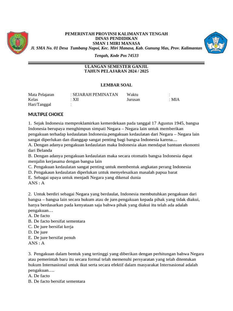 Soal Sem 1 Sejarah Peminatan Xii Des 2024 | PDF