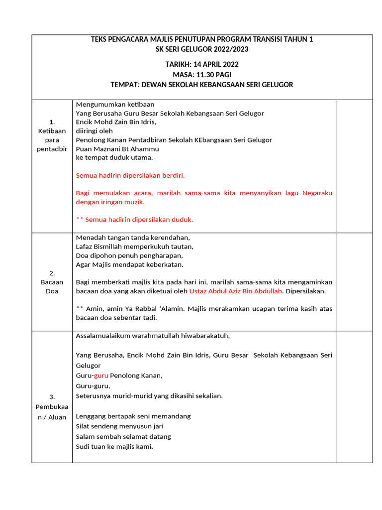 Teks MC Penutupan Minggu Transisi Tahun 1 2022 | PDF