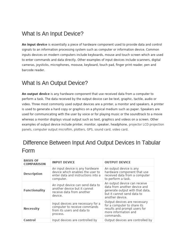 1589456917difference Between Input and Output Devices | PDF | Input/Output | Computer Hardware