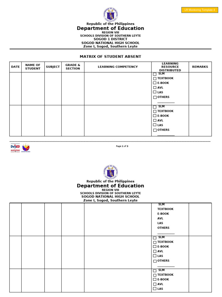 Student Absenteeism Monitoring Matrix | PDF | Government | Public ...