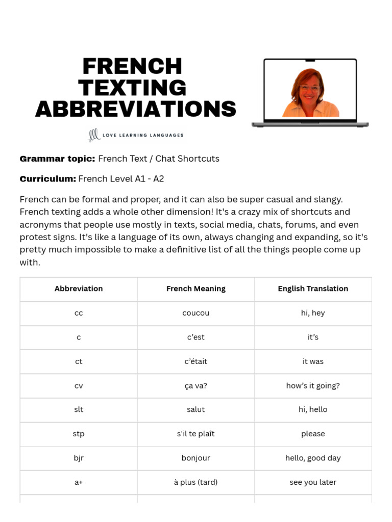 Lesson Guide French Texting Abbreviations | PDF