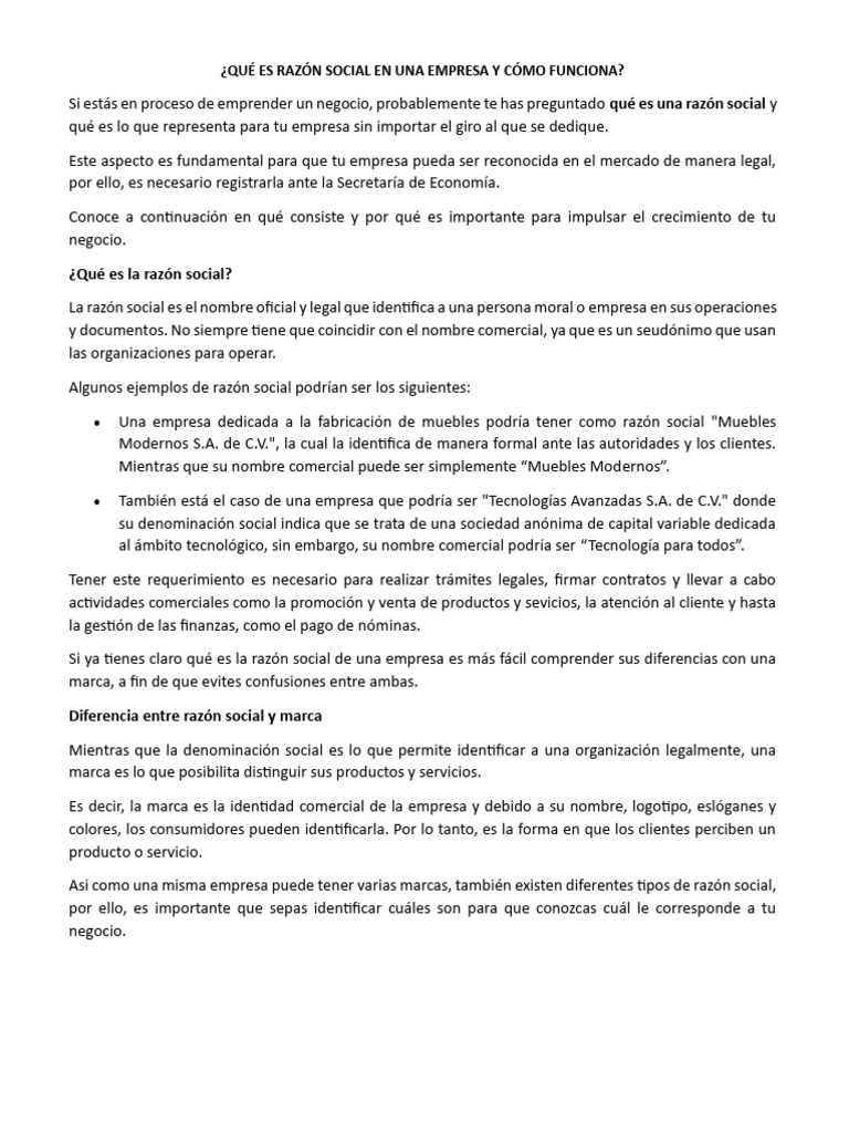 Qué Es Razón Social en Una Empresa y Cómo Funciona | PDF | Business ...