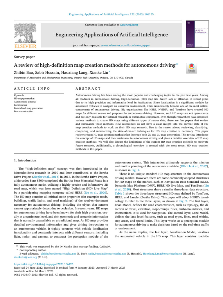 A Review of High-Definition Map Creation Methods For Autonomous Driving ...