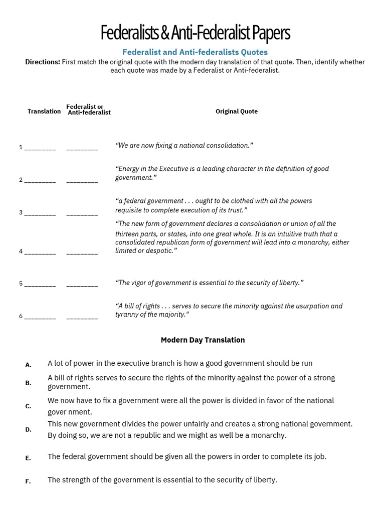 Federalist Paper Assignments | PDF | Federalism | United States Bill Of ...