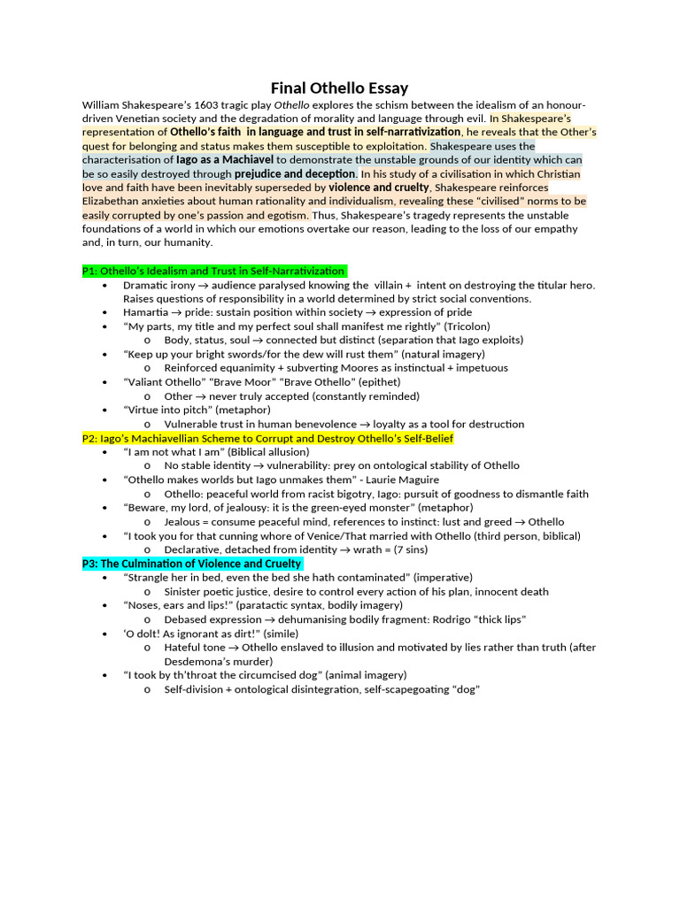 Othello Essay Plan | PDF | Othello | Iago