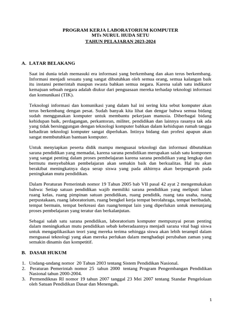 Program Kerja Laboratorium Komputer | PDF