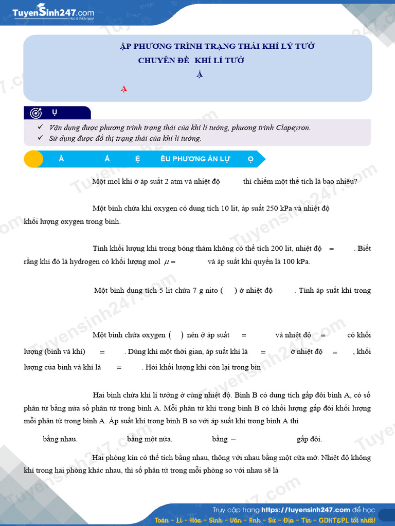 BTVN Bai Tap Ve Phuong Trinh Trang Thai Cua Khi Ly Tuong 1723013824 | PDF