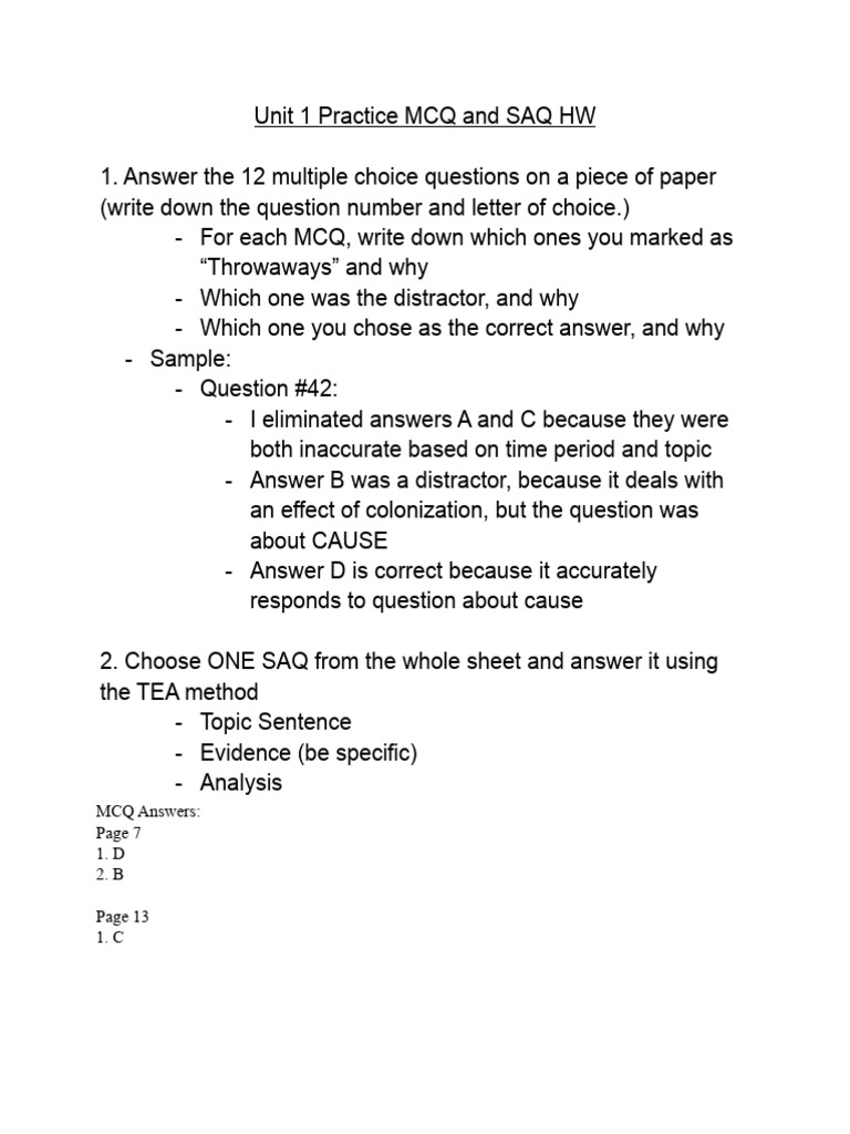 Instructions and Worksheet - Multiple Choice Practice From Unit 1 AMSCO ...