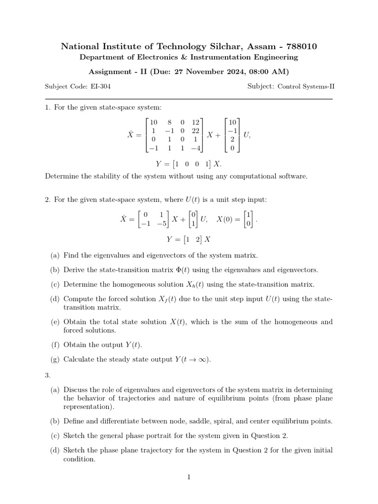EI 304 Assignment 2 | PDF | Control Theory | Stability Theory