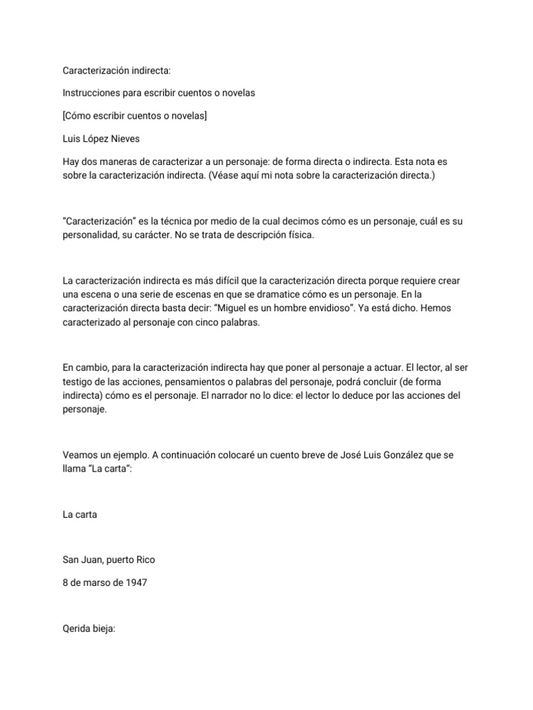 Caracterización Indirecta en Narrativa | PDF | Cuentos