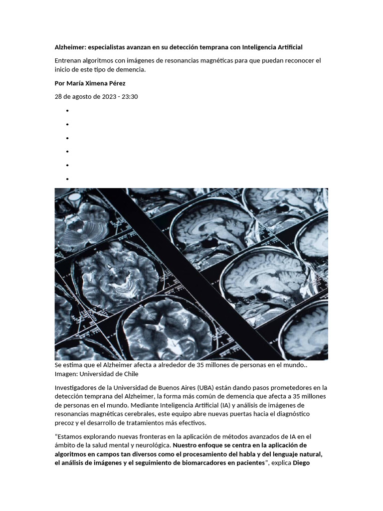 IA mejora detección temprana del Alzheimer | PDF | Enfermedad de ...