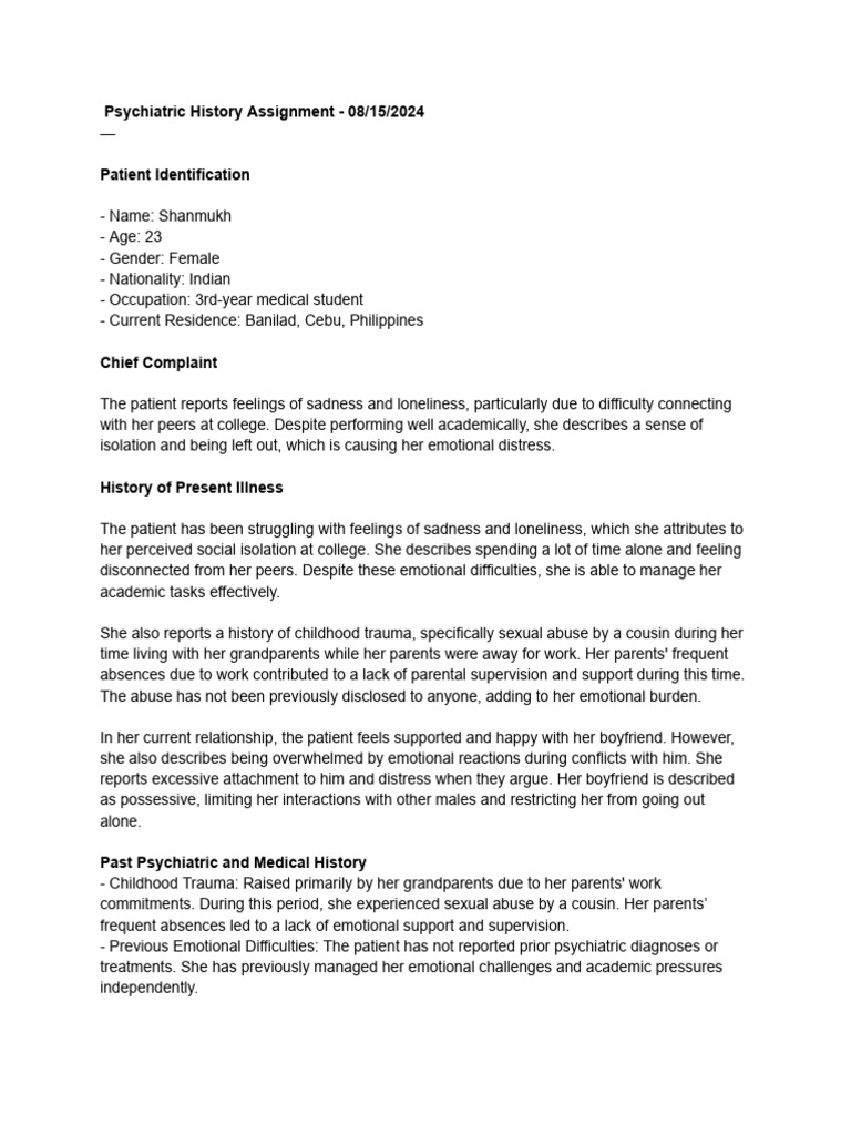 Psychiatric History Assignment | PDF | Major Depressive Disorder ...