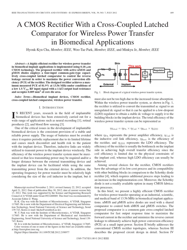 A Cmos Rectifier With A Cross Coupled Latched Comparator For Wireless Power Transfer In