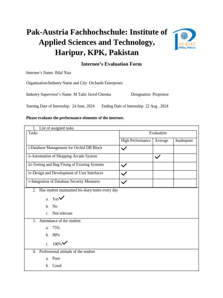 Internee Evaluation Form | PDF