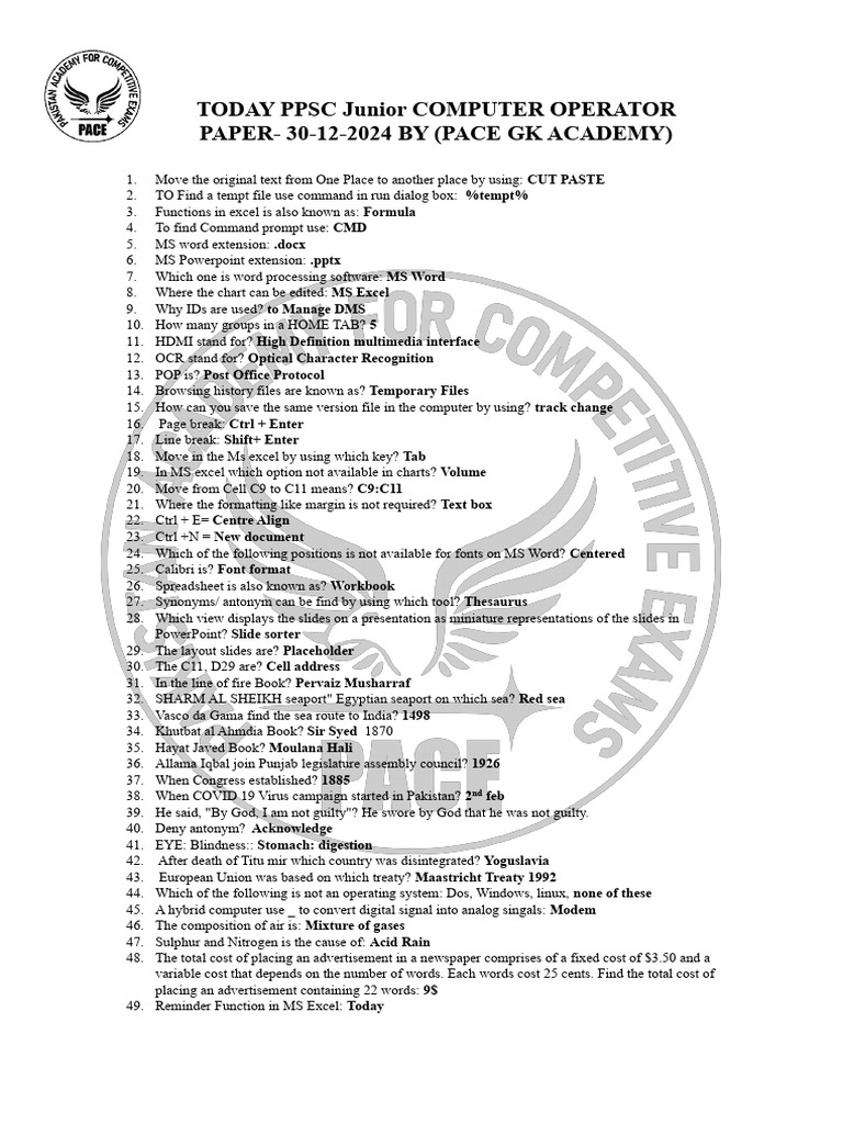 TODAY PPSC COMPUTER OPERATOR PAPER - Pace Academy.. | PDF | Microsoft ...