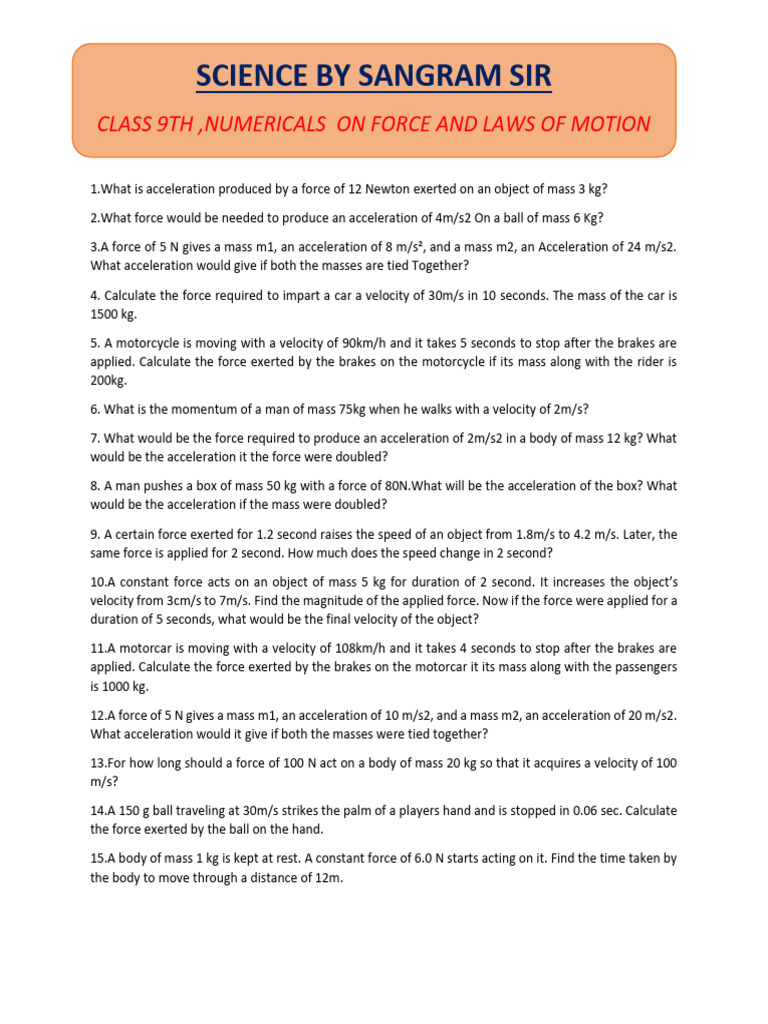 Numericals On Force and Laws of Motion | PDF | Force | Mass