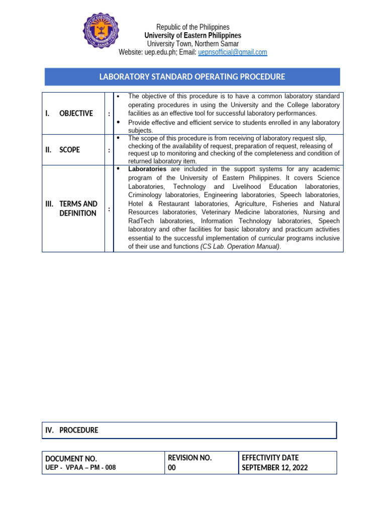 UEP Laboratory Standard Operating Procedure | PDF | Laboratories