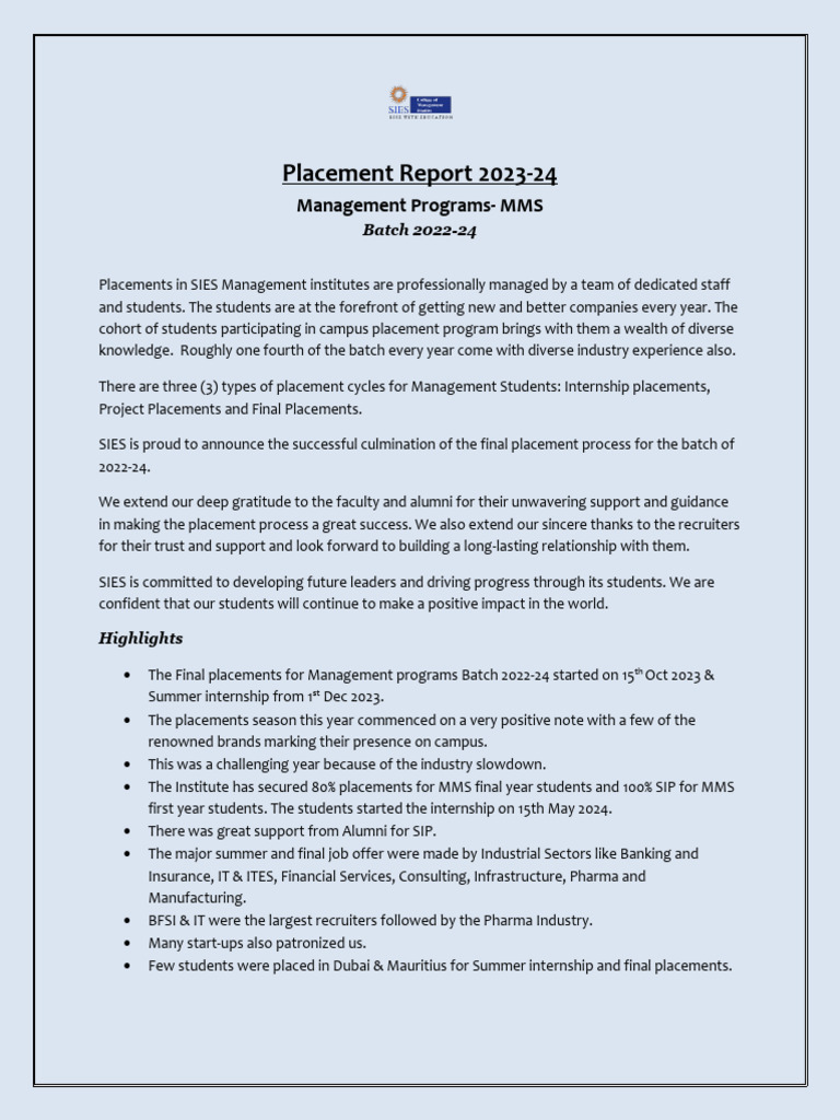 SIES Management Placements 2023-24 Report | PDF