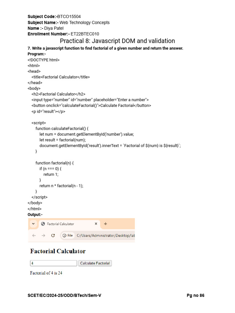 ET22BTEC010 - Diya Patel - Practical 8 - Javascript DOM and Validation | PDF | Java Script ...