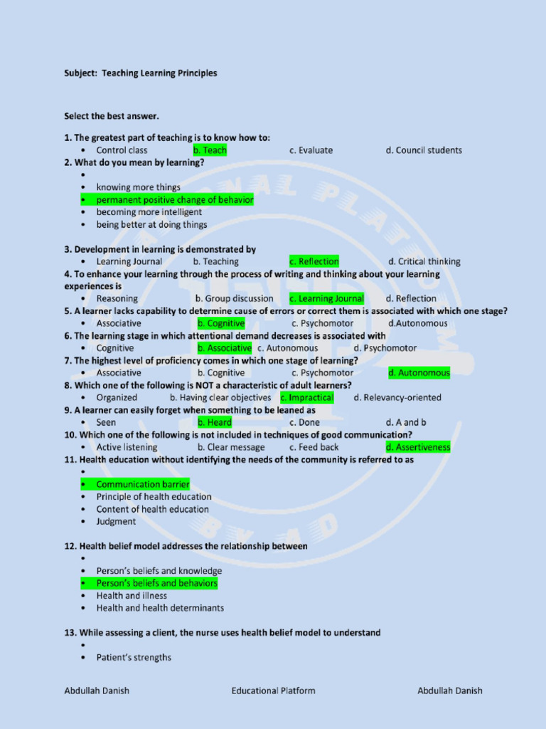 Teaching Learning Principle 5th Semester BSN MCQS, Educational Platform by AD | PDF